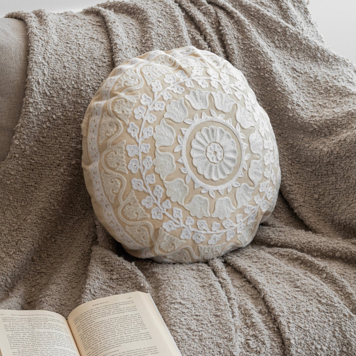 White Suzani Pillow Cover (16Ã¢â‚¬Â Round). Shop today | Marble Lotus