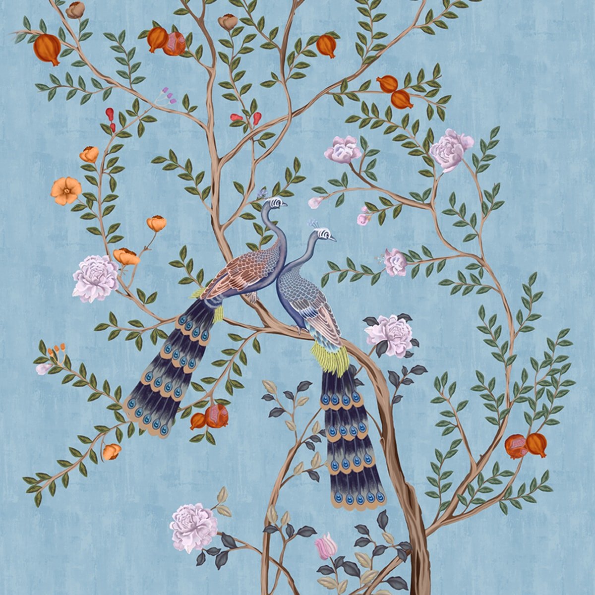 Morni, Peacock and Flowers Chinoiserie Design, Blue | Marble Lotuss