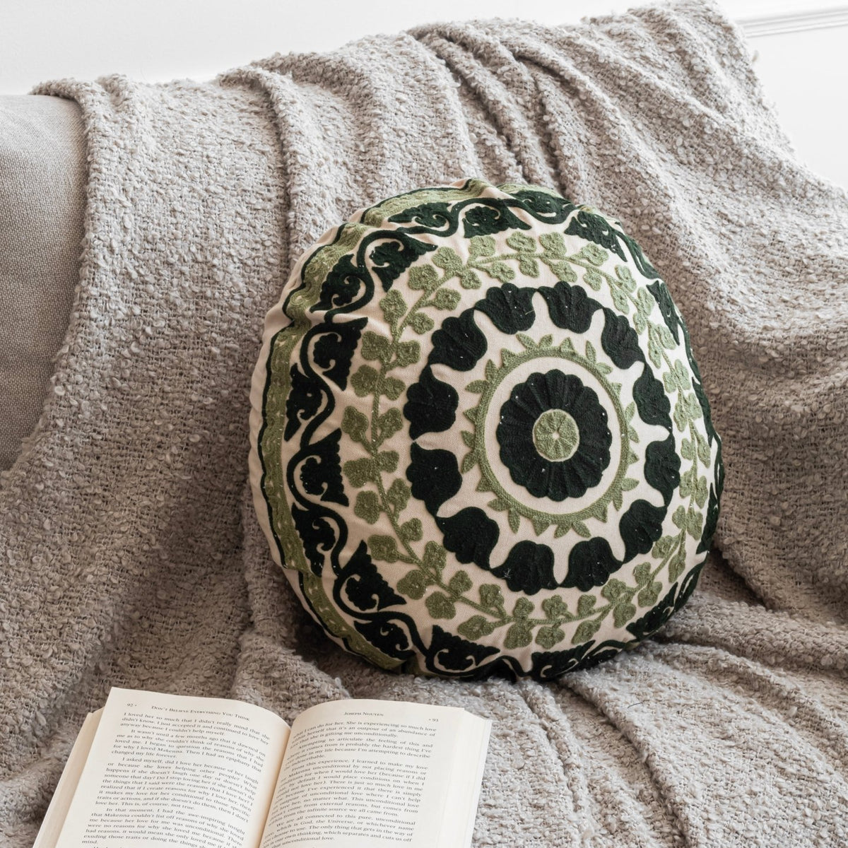 Shop Green Suzani Pillow Cover 16 Round | Marble Lotus
